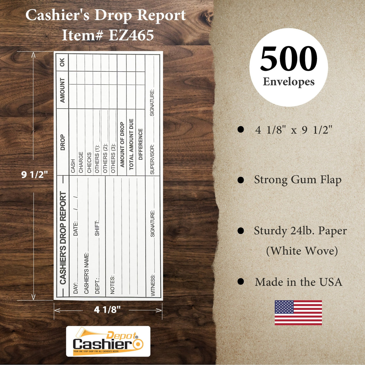 Cashier's Drop Report Envelope EZ465, 4 1/8" x 9 1/2", Sturdy 24lb. White Paper, Gum Flap (EZ465 ...